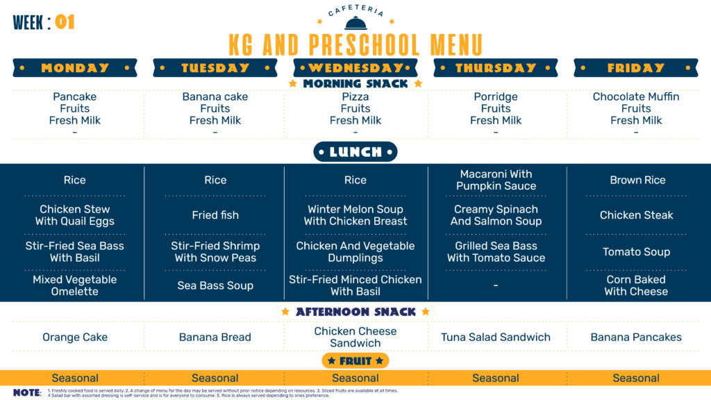 PRESCHOOL AND KINDERGARTEN LUNCH MENU